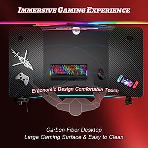 HLDIRECT 55 Inch Gaming Desk with Carbon Fibre Surface Large Computer Desk Gaming Table Ergonomic Pc Gaming Workstation Home Office Desks with Cup Holder & Headphone Hook