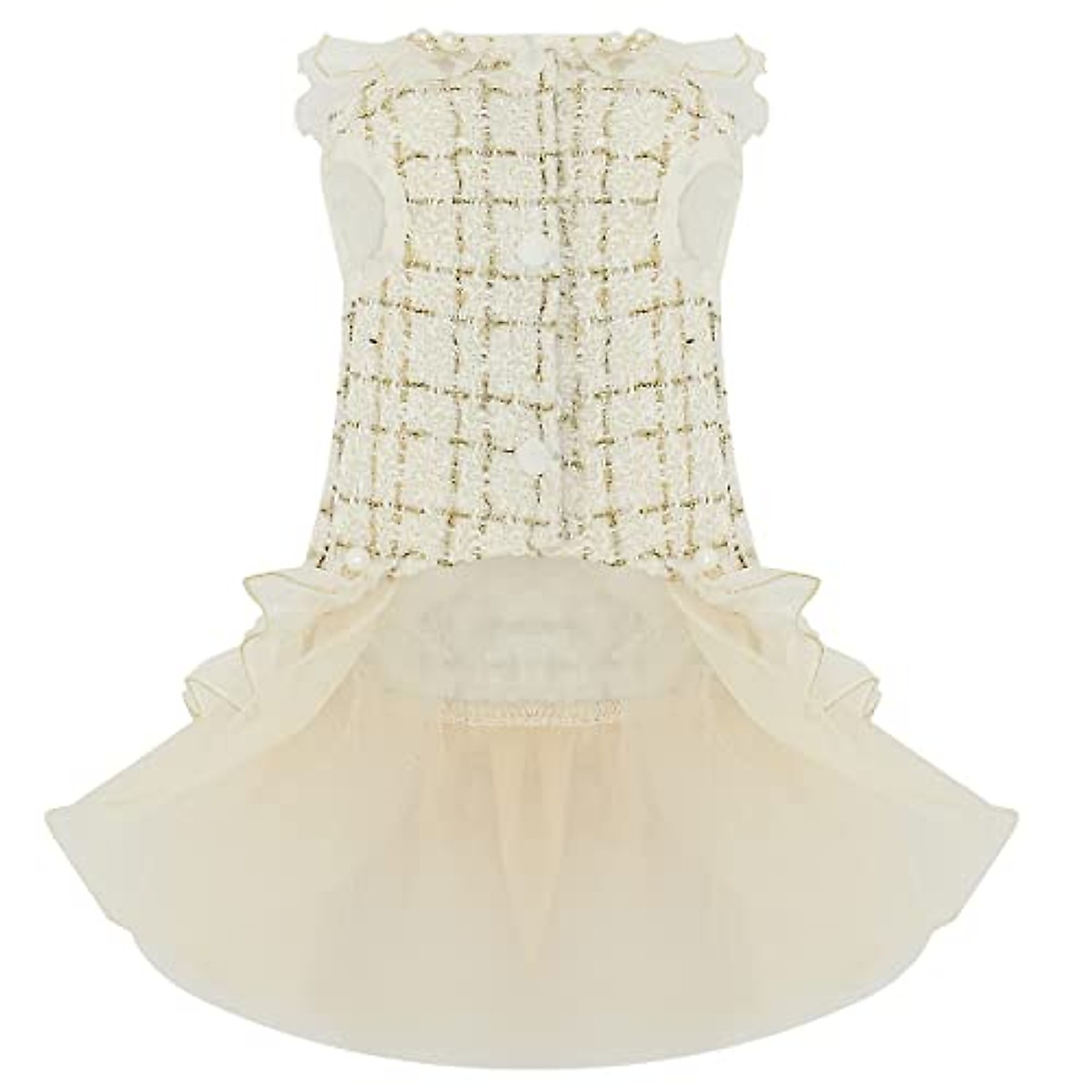 Dog Plaid Dress Lace Tulle Tutu Princess Skirt with Pearls Accessory for Small Girl Dogs Christmas Holiday Wedding Birthday Party (White, L)