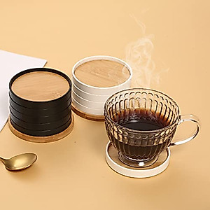 Senstap Wooden Coasters for Drinks Coffee Table, Round Drink Coasters with Holder, Set of 5 Cup Mat for Tabletop Protection, Cup Coaster with Lip 4-inch, White