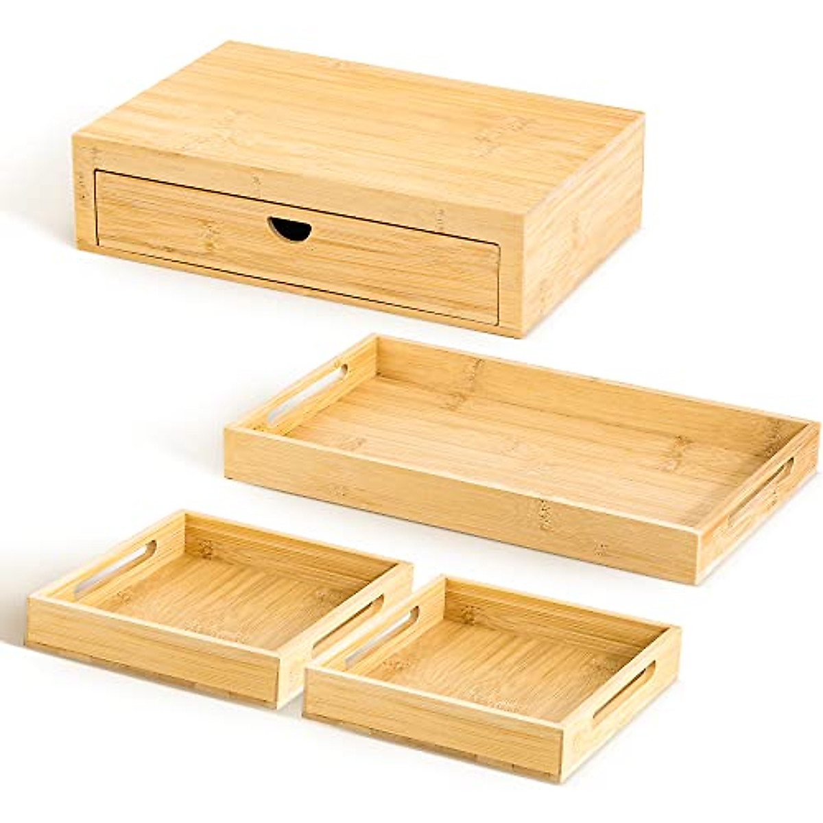 Bamboo Bathroom Organizer Tray and Drawer, Varhomax Customizable Stackable Makeup Organizer 4-Pcs Set 3 Trays and 1 Drawer, Small Desk Organizer Storage for Vanity Toiletries, Office Supplies