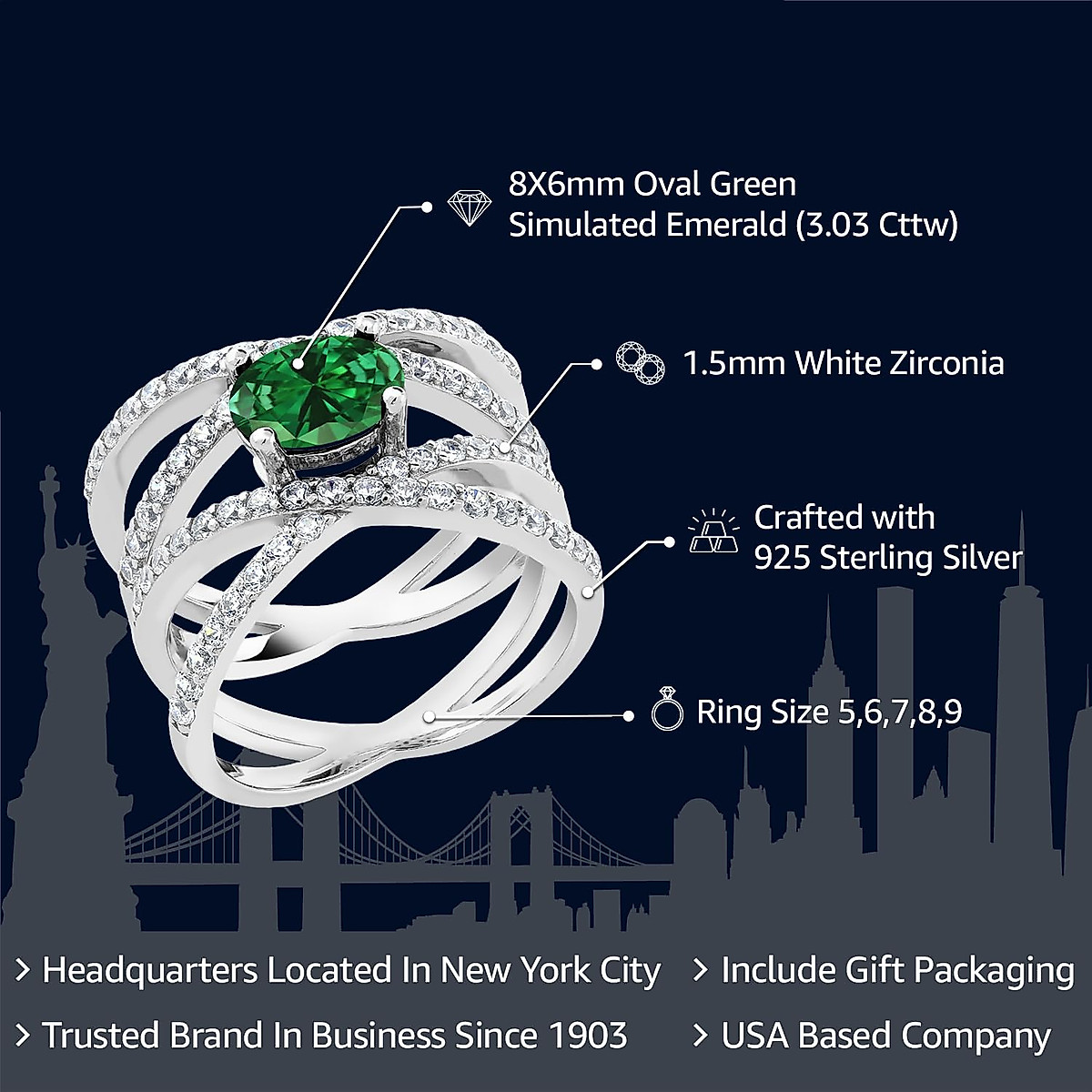 Gem Stone King 925 Sterling Silver Oval Gemstone Birthstone Criss Cross Engagement Ring | Oval 8X6MM Ring For Women | Available In Size 5, 6, 7, 8, 9