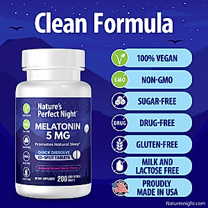 Nature's Perfect Night | Melatonin 5mg | 200 Quick Dissolve Tablets | Natural Mixed Berry Flavor |Preferred Potency | Sugar Free | Vegan | Gluten Free | Value Size