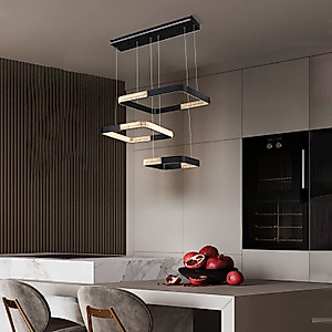 Dimmable Modern 70W LED Crystal Island Light with Remote 3 Color 3000K-6000K Adjustable 3 Black and Gold Square Rings Pendant Lighting for Modern Pendant Light for Dining Room Living Room