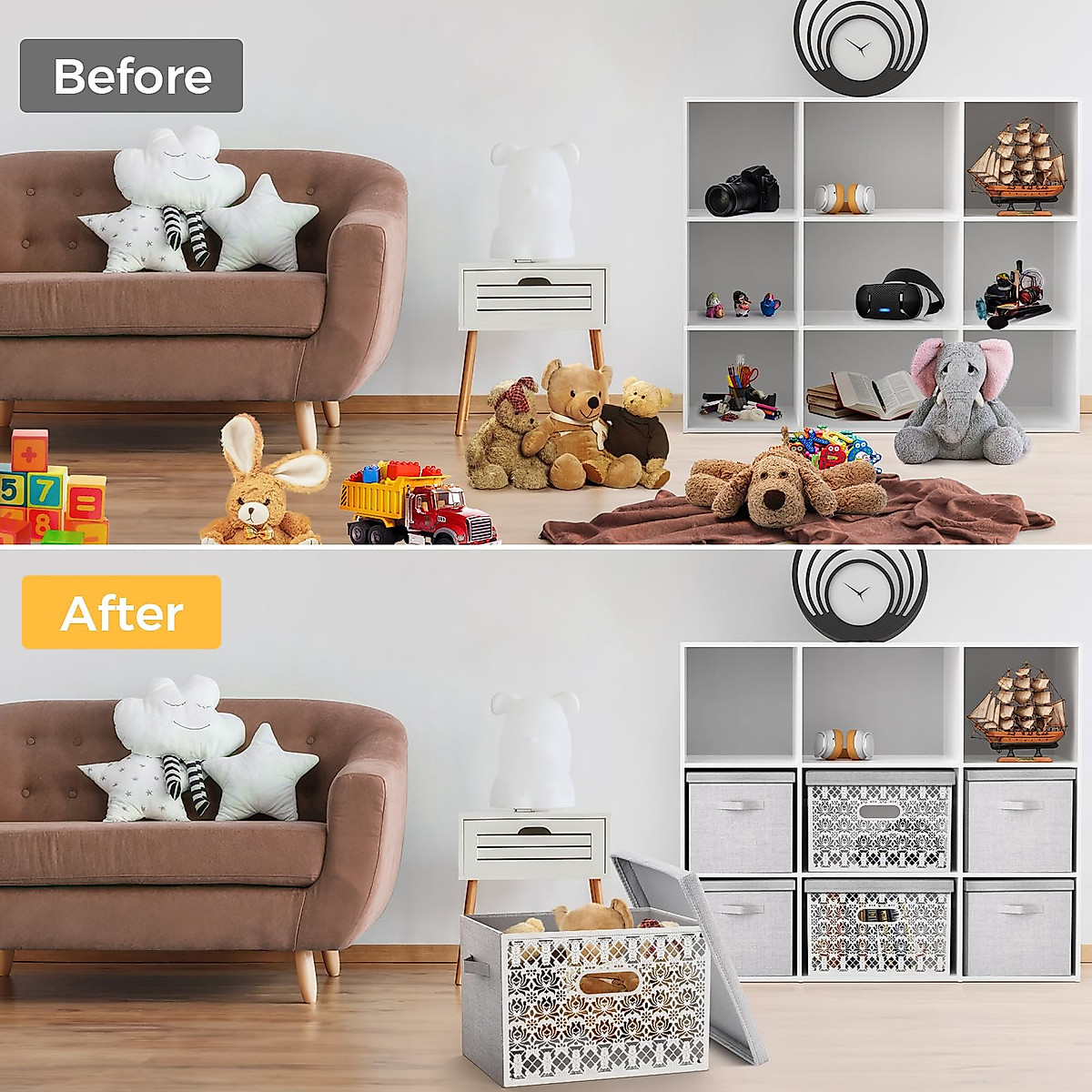 Iirios Storage Bins With Lids, 3 Pack Linen Foldable Storage Bins, Metal Clothes Storage Containers with Handles, Stackable Storage Baskets for Clothing, Blanket, Comforters, Pillows and Toys (White)