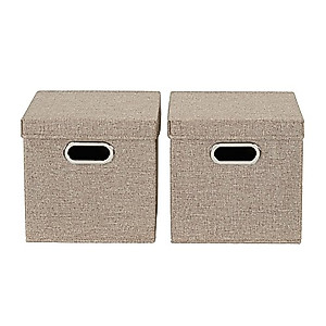 Household Essentials 802-1 Café Cube Bin Storage Set with Lids and Handles | 2 Pack, Brown Linen