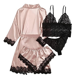 Women's Sleepwear Pajamas 4 Piece Pajama Set Long Sleeve Satin Floral Lace Cami Top Lingerie Pajama Set with Robe (Pink, Medium)