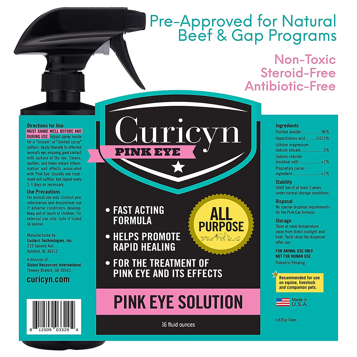 Curicyn Pink Eye Solution - 16oz, Extra Strength Formula Conjunctivitis Eye Drops for Dogs, Cats, Livestock and Horses – Pain Free, Non-Steroidal Dog Eye Wash with Purified Anolyte -