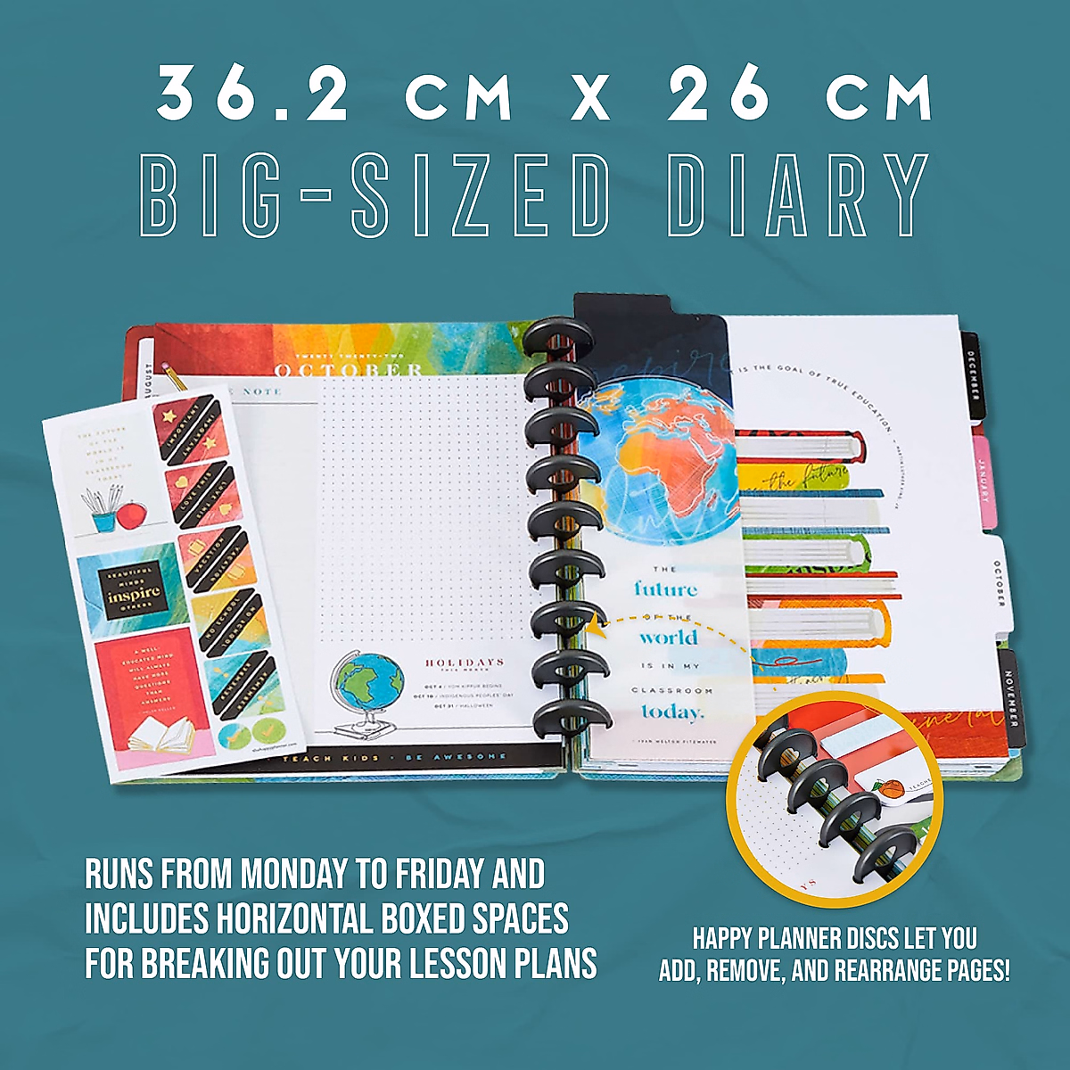 Happy Planner 12-Month Teacher Lesson-Planner Box Kit, Includes Dated Teacher Planner and More, July 2023–June 2024, Big Size, Teacher Notes Theme, 14 1/2 Inches by 10 1/4 Inches