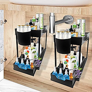 Under Sink Organizers and Storager,Under the Sink Organizer Kitchen Sink Organizer with Hooks, Hanging Cup,2-Tier Multi-purpose Holywarm Under Sink Organize,Bathroom Organizer, 2 Pack