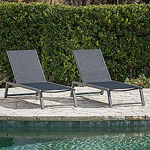 Christopher Knight Home Myers Outdoor Mesh Chaise Lounges with Aluminum Frame, 2-Pcs Set, Black Mesh / Grey