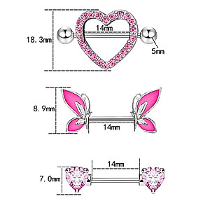 FLOGWE 3Pairs 14G Heart Nipple Rings 316L Stainless Steel Butterfly Nipple Barbell Nipple Barbells CZ Heart Nipple Rings Body Pierced Jewelry for Women…