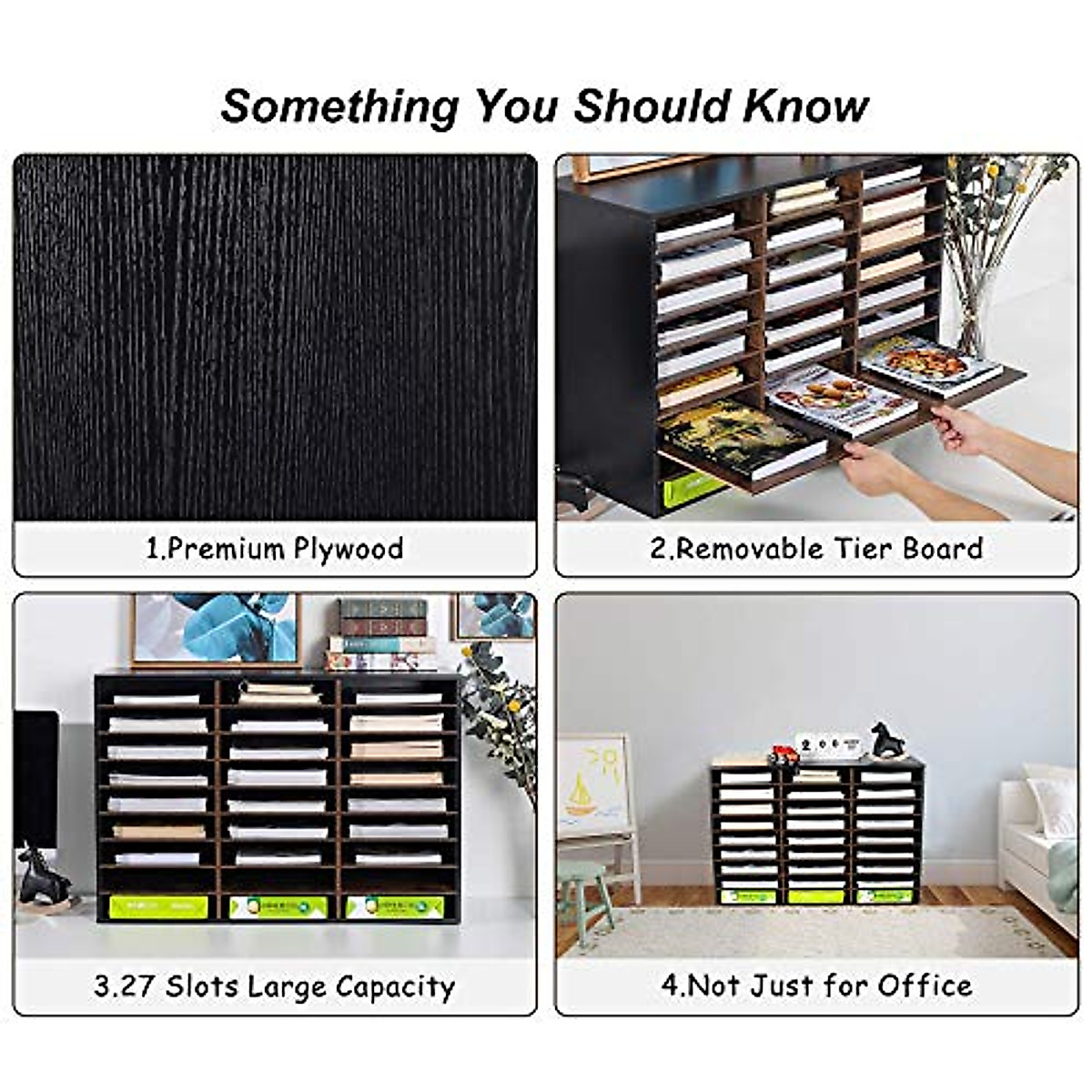 TQVAI Wood Adjustable Literature Organizer Desktop File Sorter Mail Center Paper Storage Cabinet Home & Office Mailbox School Classroom Keepers, 27 Slots Compartments, Black/Archaize