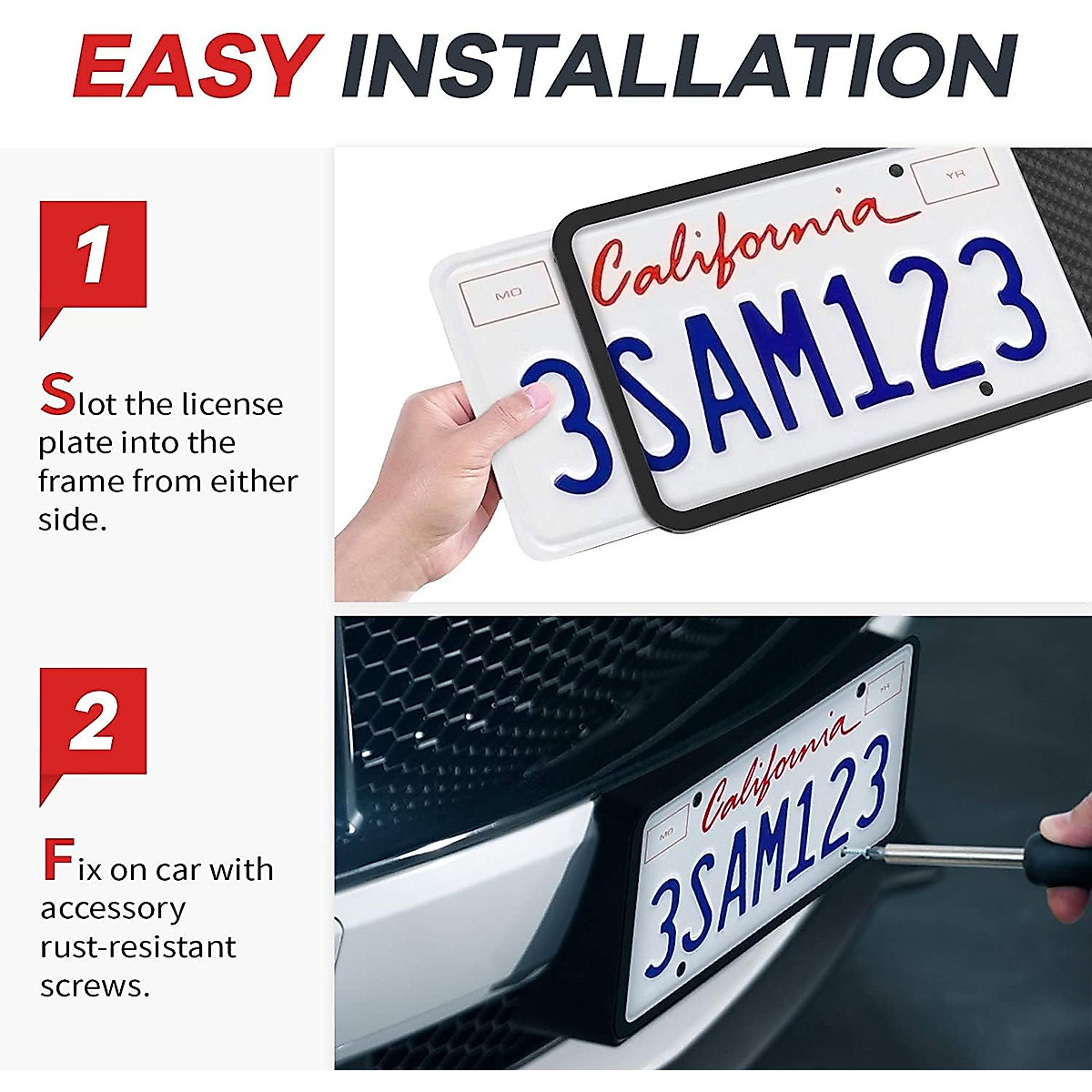 Aujen Silicone License Plate Frames,2 Pack Black Side-Opening License Bracket Holder with Easy Installation, License Plate Frame Without Obstruction.Rustproof, Rattle Proof & Weatherproof Universal
