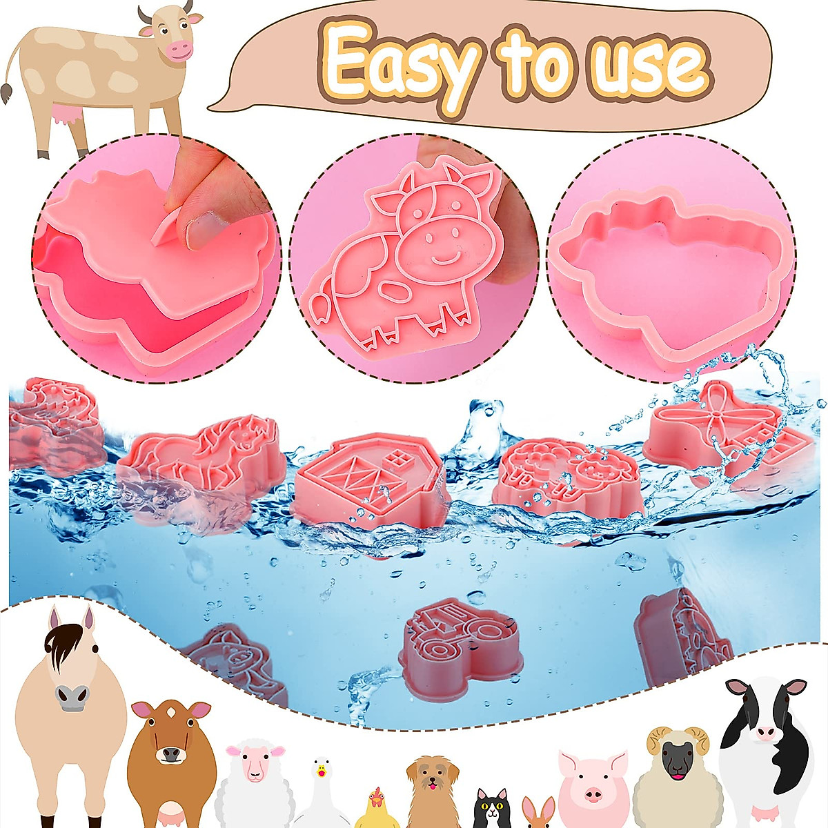 8 Pcs Farm Animal Cookie Cutters with Plunger Stamps Set 3D Pig Chicken Sheep Cow Horse Truck Cookie Stamp and Cutter Funny Cartoon Farm Theme Biscuit Baking Mold for Treats DIY Cookie Cake Supplies