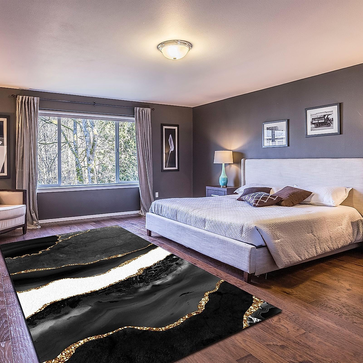 Area Rugs 3x5ft, Black White Marble Texture Living Room Decor Carpet, Gold Stripe Light Luxury Coffee Table Rug, Fluffy Soft Washable Breathable Durable for Hotel Home Decor Entrance Hall Patio