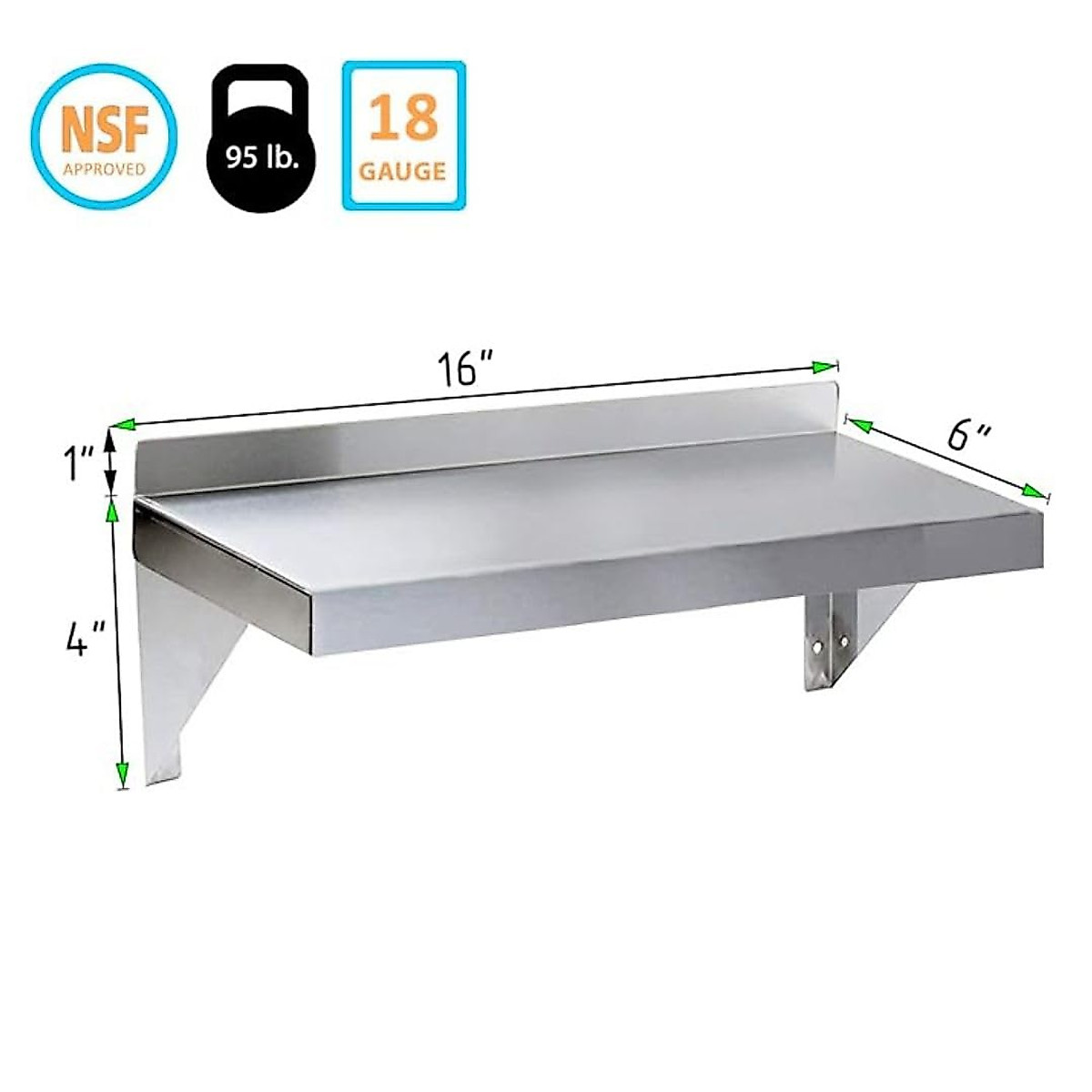 Express KitchQuip Stainless Steel Wall Shelf | Square Edge | Metal Shelving | Heavy Duty | Commercial Grade | Wall Mount | NSF Certified (6” Width x 16” Length)