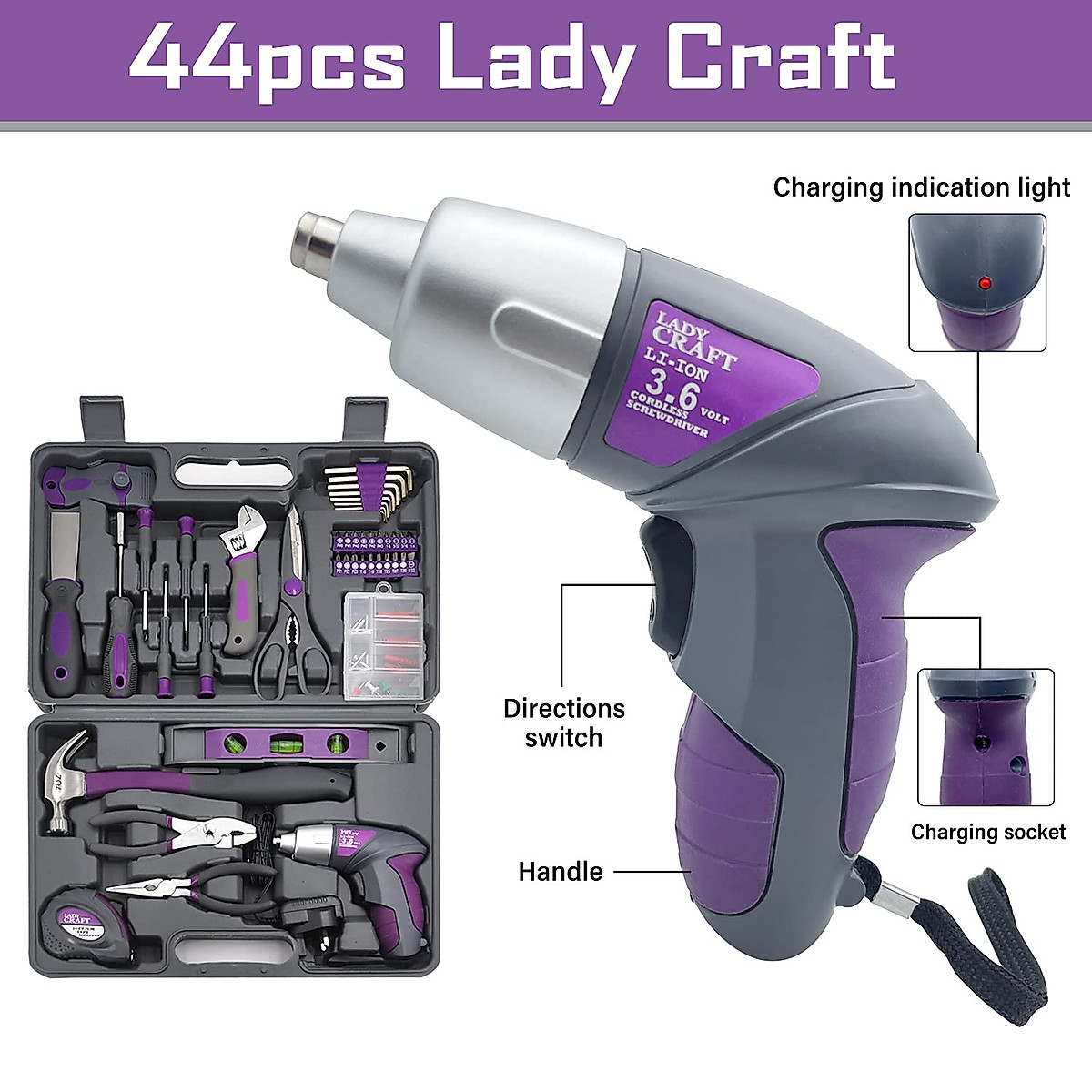 Werktough 44PCS 4V Cordless Screwdriver Tool Kit Set Pink Color Tools Lady Tools Kit Home Repair Set Toolbox Hand Tool Kit Storage Case Gift Set LADYCRAFT