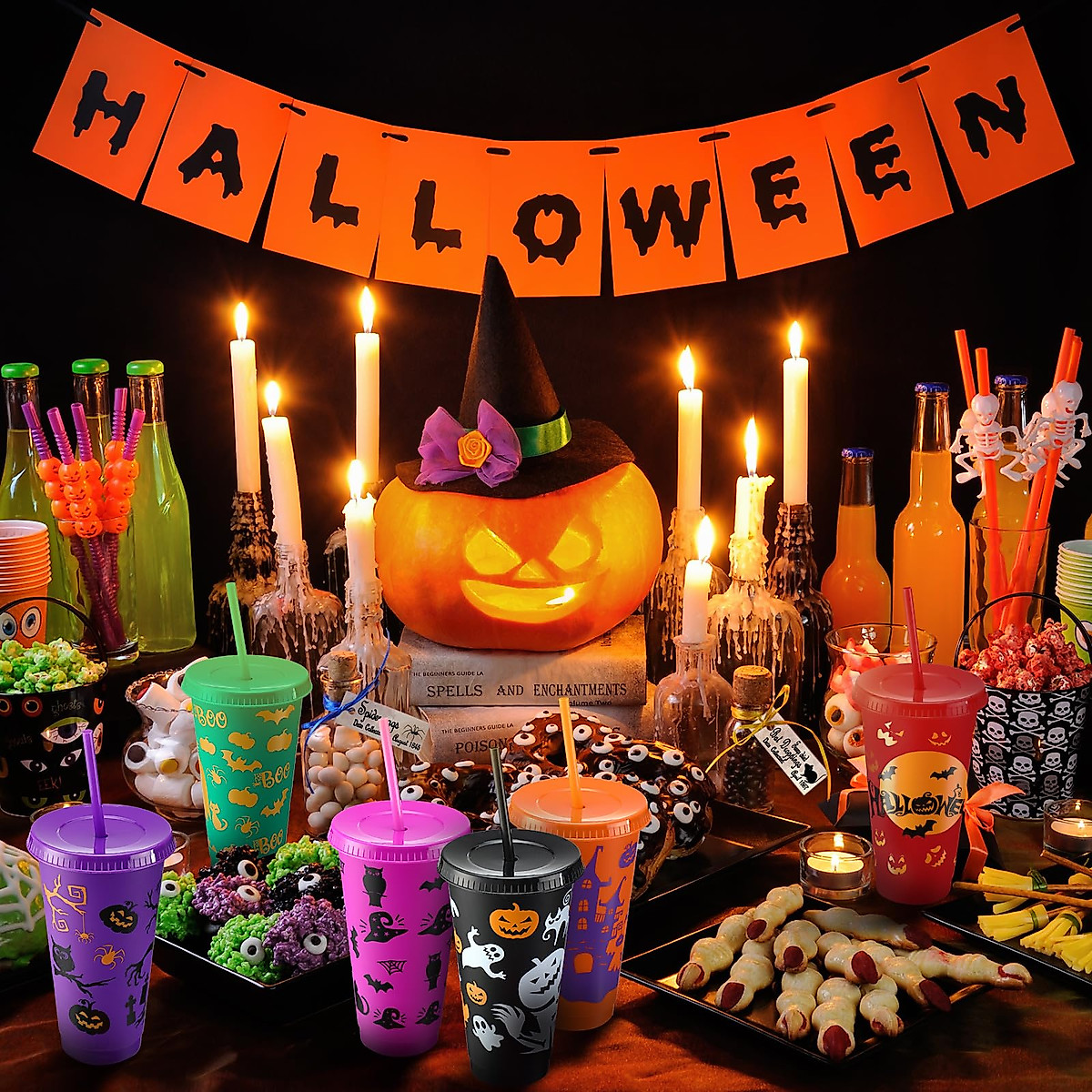 Honeydak 24 OZ Tumbler with Straw and Lid Gifts Reusable Plastic Cups Bulk Water Bottle Iced Coffee Travel Mug Cup for Parties Birthdays (Halloween Patterns,40 Pcs)