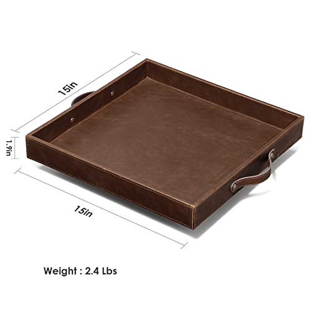 Ranslen Square Leather Serving Tray with Handles, 15"x15" Table Trays for Ottoman Coffee Table, Decorative Tray for Home Organizer Living Room Kitchen Food Tray, Breakfast Tray in Bed, Brown