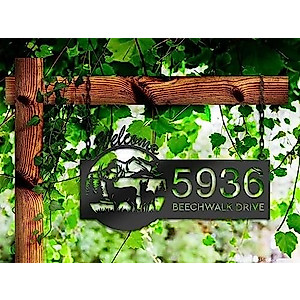Personalized Couple Deer Mountain Scene Wildlife Welcome Address Sign House Number Plaque Custom Metal Sign 8x8 inches Black Power Coated Home Outdoor Decor Housewarming Gifts