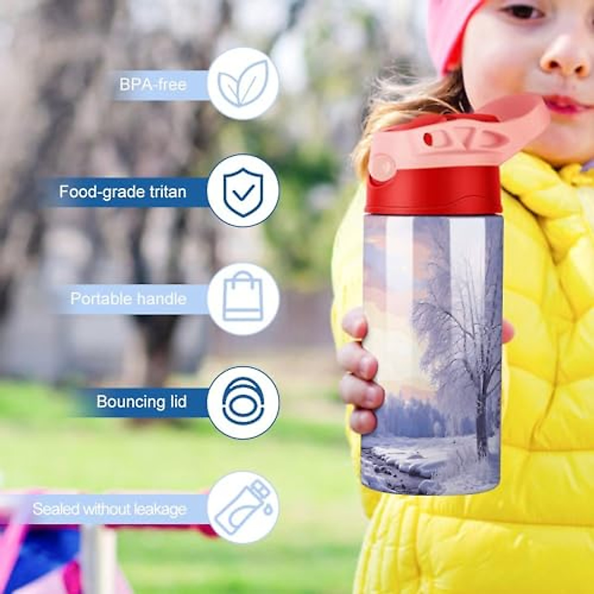 Stainless Steel Water Bottles Winter Landscape Travel Water Cups with Handle And Silicone Straw Drinking Cup with Leak Proof Lid Thermo Travel Mug for Women Men