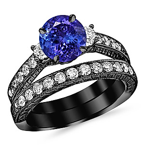 2.53 Carat 14K Black Gold Three Stone Vintage With Milgrain & Filigree Bridal Set with Wedding Band & Diamond Engagement Ring with a 1.5 Carat Natural Tanzanite Center (Heirloom Quality)