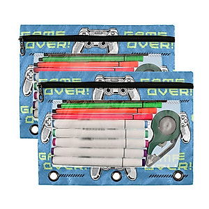 WIFIU Joysticks Gamepad Slogan Pencil Pouch for 3 Ring Binder Pockets Clear Window Pencil Bag with Smooth Zipper Video Game Controller Pencil Case for Organization Office Supplies Cosmetics 2 Pack