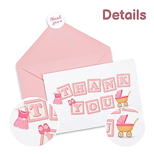 apearrie Baby Shower Thank You Cards with Envelopes, Set of 24 Thank You Cards Baby Shower, Pink Baby Thank You Cards with Envelopes, Thank You Baby Shower Cards