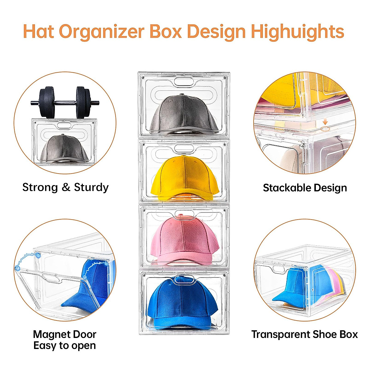 8 Pack Hat Organizer for Baseball Caps,Clear Plastic Baseball Cap Organizer with Magnetic Door,Stackable Hat Storage for Baseball Caps, Easy to Assemble Stylish Hat Display Case,Hat Box,Hat Rack