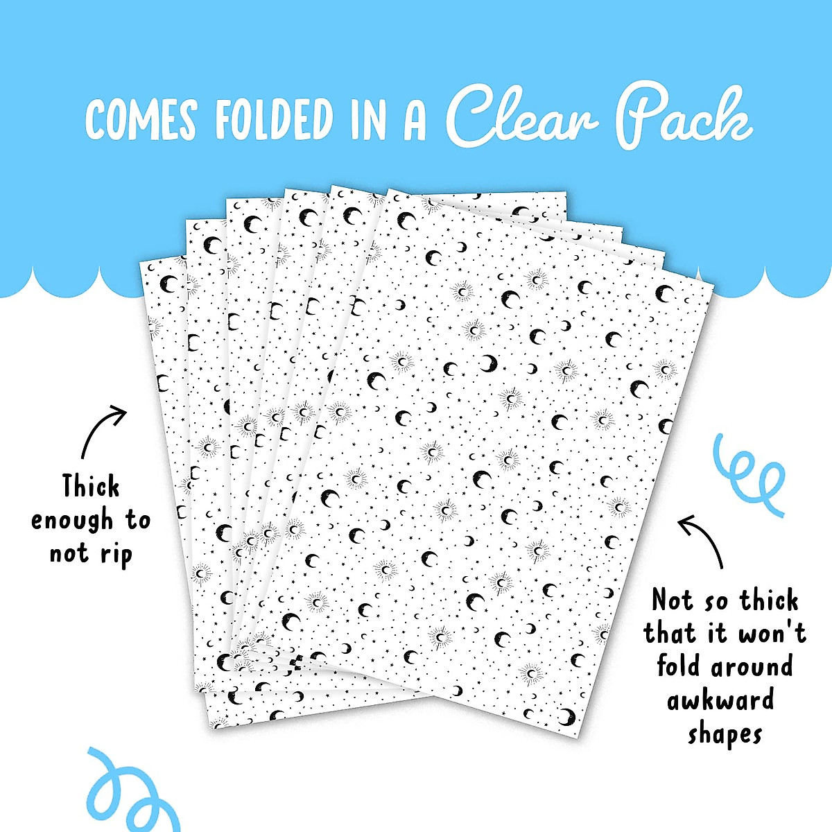 CENTRAL 23 - White Wrapping Paper - 6 Sheets of Monochrome Gift Wrap - Moons and Stars - Birthday Wrap for Her - Birthday Wrapping Paper for Men and Women - Recyclable