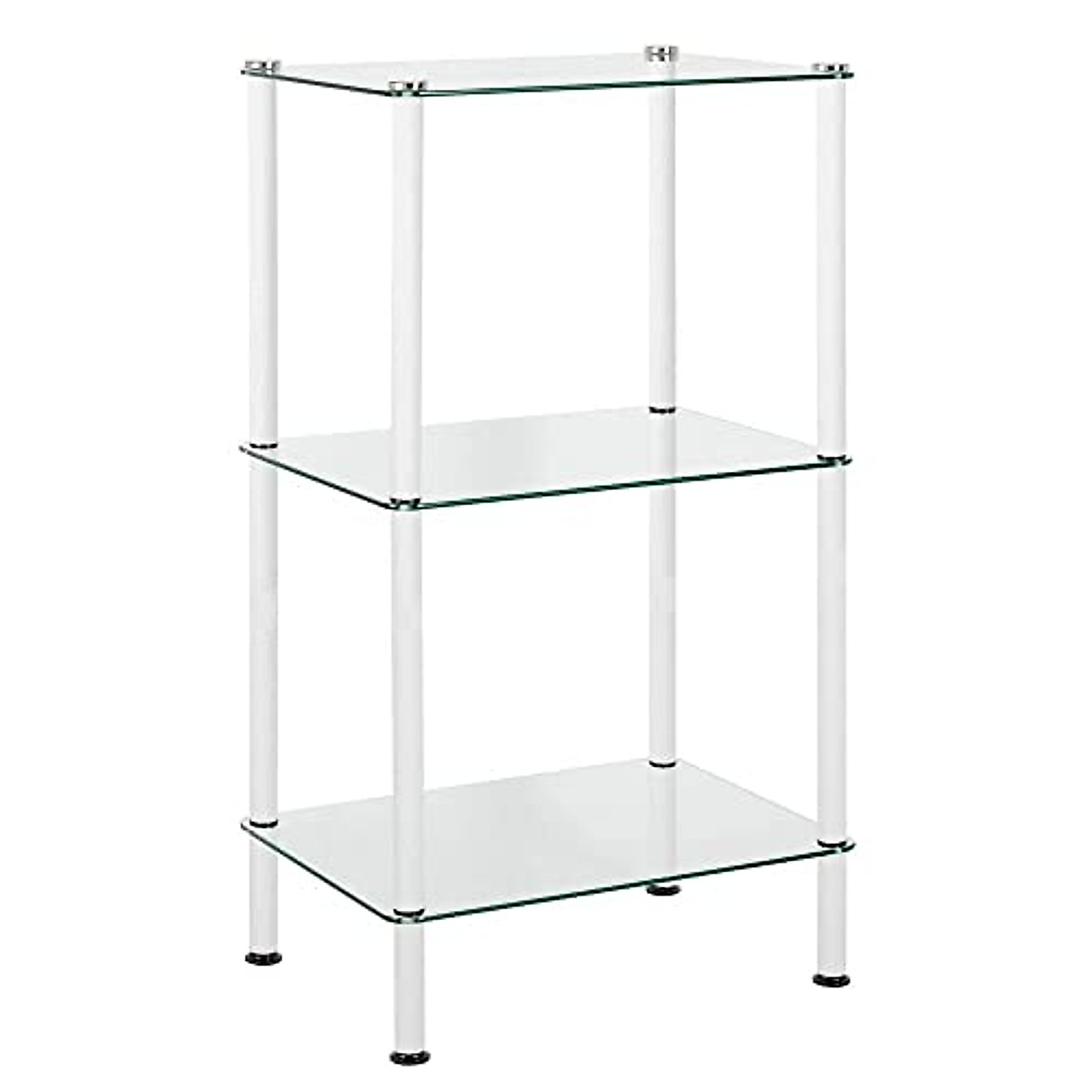 mDesign Metal/Glass 3-Tier Storage Tower, Narrow Shelving Display Unit, Open Glass Shelves; Multi-Use Stand for Living Room, Bathroom, Home Office, Hallway, Bedroom Organization - White/Clear