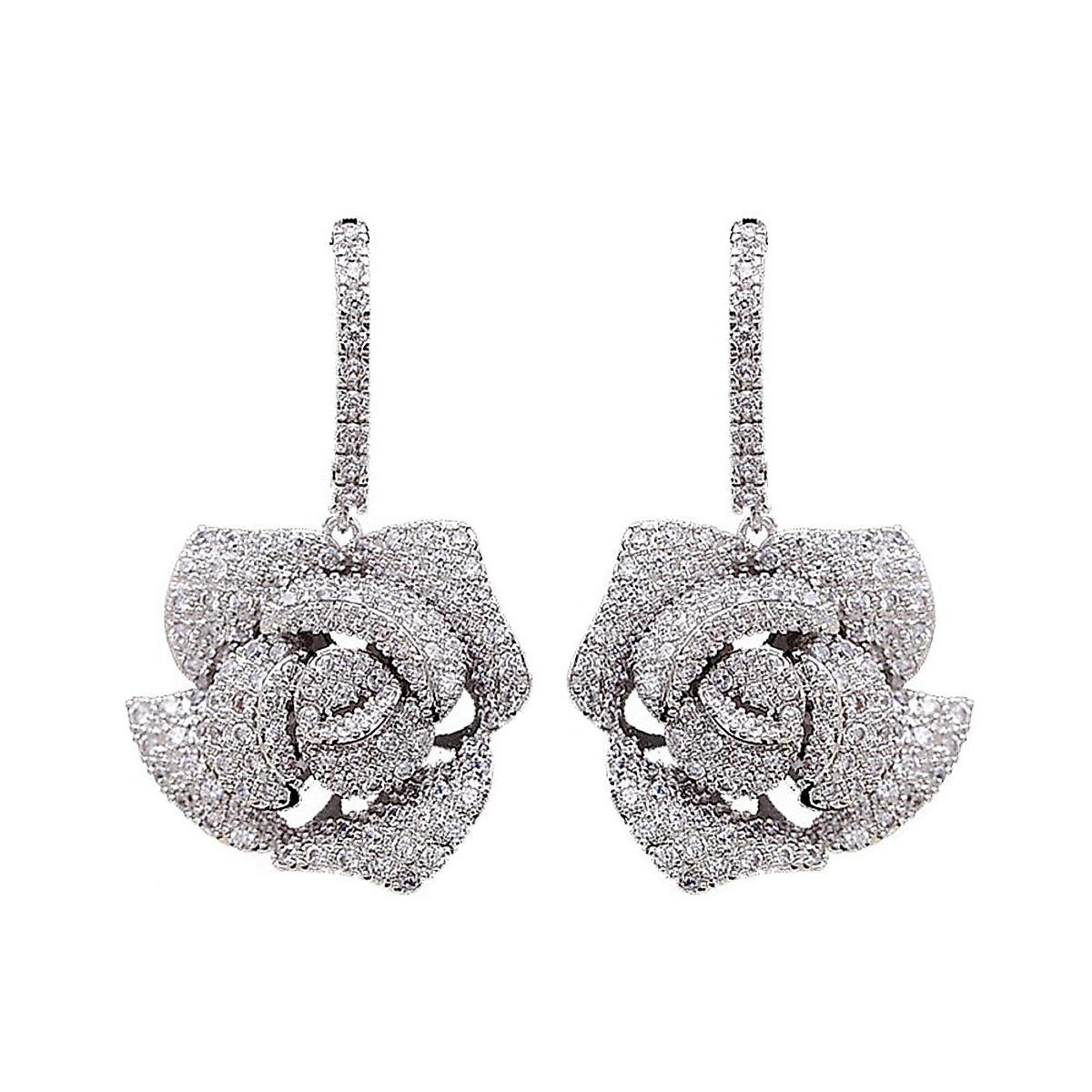 Huggie CZ Flower Dangle Stud Earrings for Women Girls with Charms Fashion Luxury Pave Rhinestone Filigree Camellia Rose Dainty Crystal Drop Dangling Wedding Prom Jewelry Dainty Gifts Valentine Mother's Day (Clear)
