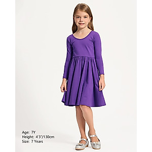 Stelle Long Sleeve Girls Dress Toddler Fall Dresses Skater Twirl Cotton A-Line Dress for School Casual Holiday Halloween(Purple, 7 Years)