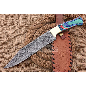 HUNTEX Handmade Hand-Forged Rain Drop Pattern Damascus Steel 14 Inch Long Full Tang Pakka Wood Handle Razor Sharp Hunting Camping Bowie Knife w/Genuine Leather Sheath