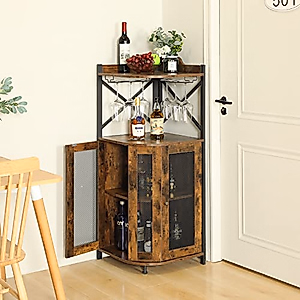 JKsmart Corner Bar Cabinet with Glass Holder,Industrial Wine Cabinet with Mesh Door,Wine Bar Cabinet with Adjustable Shelf,Home Bar for Liquor and Wine Storage,Rustic Brown