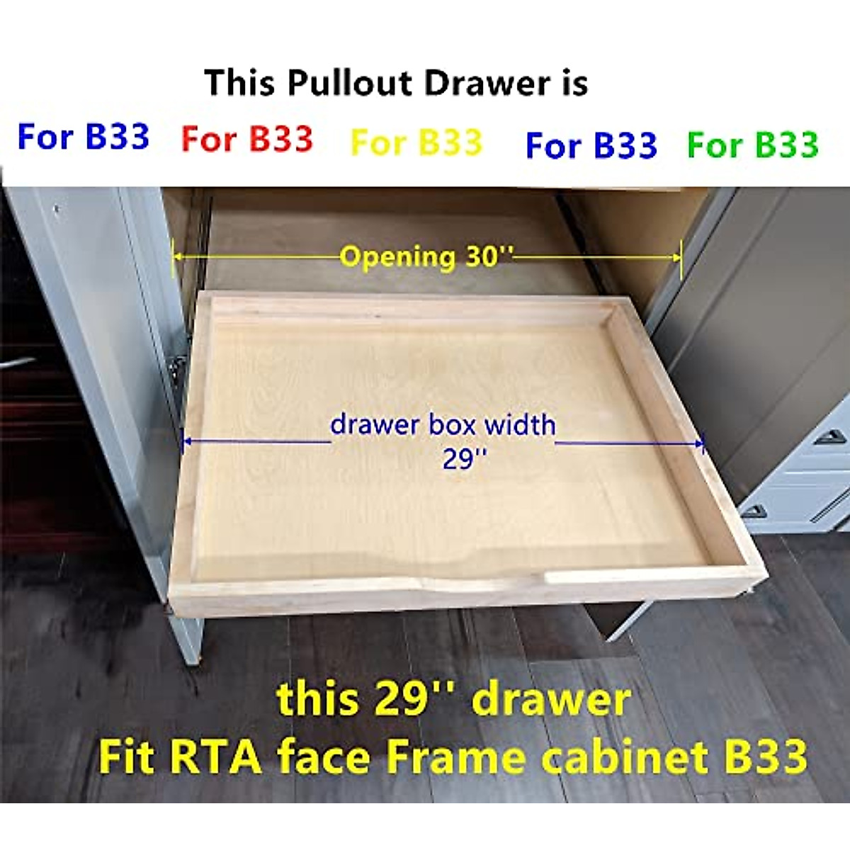 29'' Width Cabinet Roll Out Tray Wood Pull Out Tray Drawer Box Kitchen Cabinet Organizer, Cabinet Slide Out Shelves, Include Side Mount Drawer Tracks Glides Wood Spacers -DIY (Fit RTA Face Frame B33)