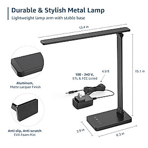 Lepro LED Desk Lamp with USB Charging Port Dimmable Home Office Touch Control Reading Table Lamp,3 Color Modes with 5 Brightness Level,College Dorm Room Essentials, Eye Caring, Sewing, Crafting, Black