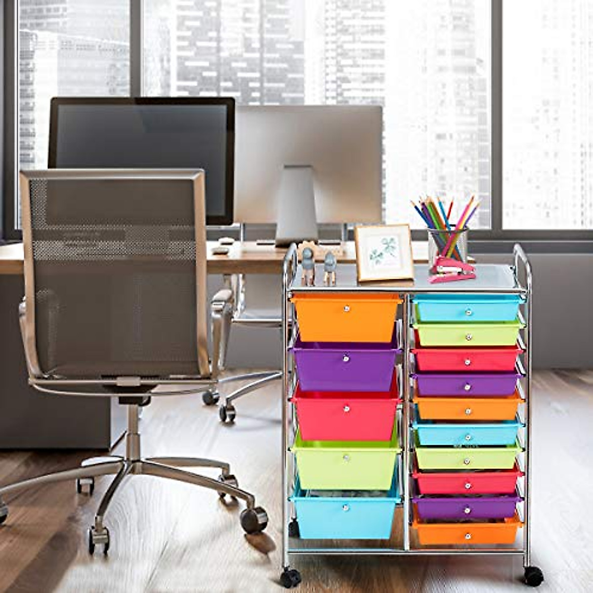 Giantex 15-Drawer Organizer Cart Office School Storage Cart Rolling Drawer Cart for Tools, Scrapbook, Paper (Multicolor)