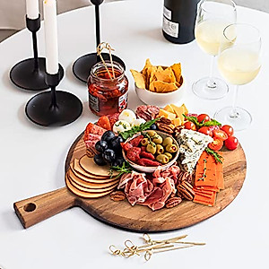 Vees Goods Acacia Wood Cutting Board with Handle - Kitchen Round Cutting Board Set includes Glove and Towel - Great Use for Pizza, Charcuterie, Chopping Board - Size (15.9” x 12.2”)