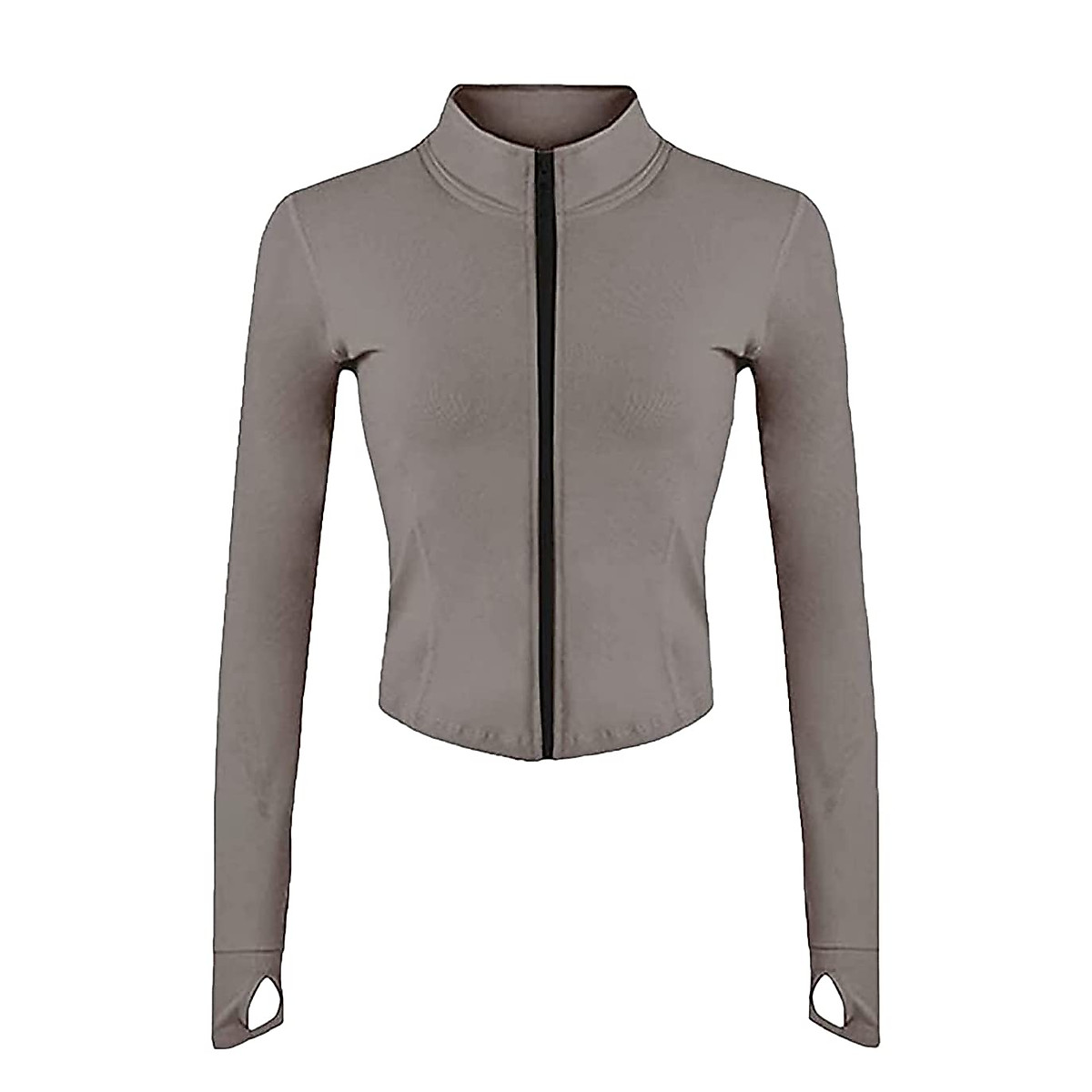 Fenclushy Womens Cropped Slim Athletic Yoga Workout Track Sports Zip Up Jacket with Thumb Holes(khaki,S)