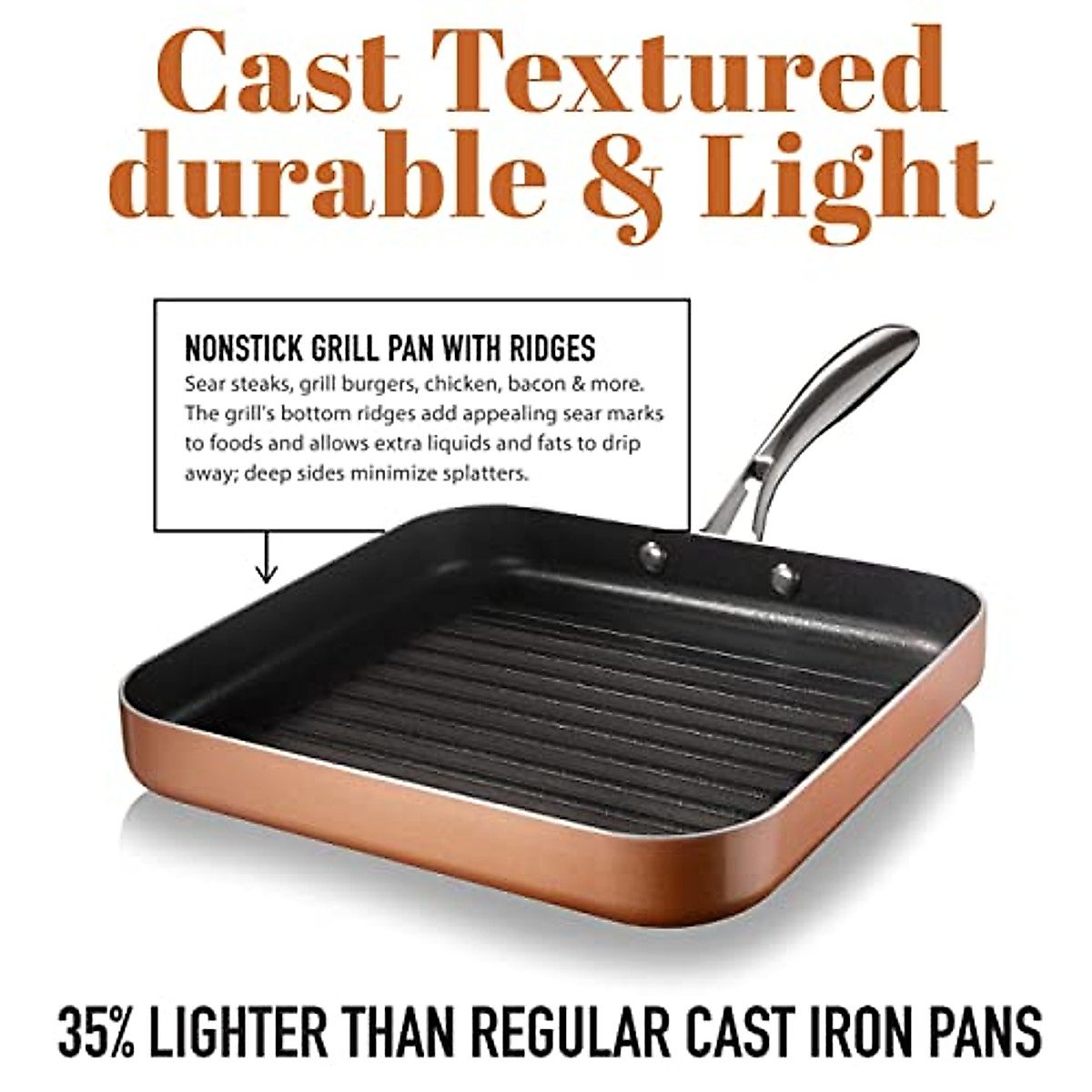 Gotham Steel Nonstick Grill Pan for Stovetops with Grill Sear Ridges, Drains Grease, Ultra Durable Coating, Metal Utensil Safe, Stay Cool Stainless-Steel Handle, Oven & Dishwasher Safe, 100% PFOA Free