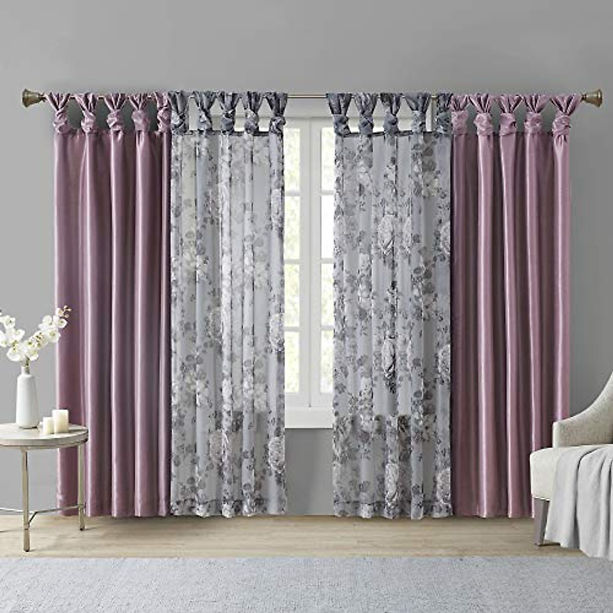 Madison Park Simone Floral Design Sheer Single Window Curtain Voile Privacy Drape for Bedroom, Livingroom, 50" x 84", Grey (MP40-6614)