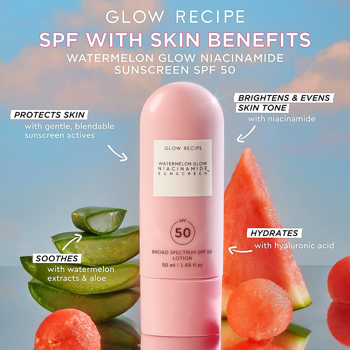 Glow Recipe Watermelon Glow SPF 50 Mineral Sunscreen - With Niacinamide, Hyaluronic Acid & Aloe Vera for Even Skin Tone - Lightweight Broad Spectrum