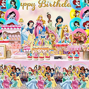 BOSMAT Princess Birthday Decorations, Princess Party Supplies Includes Balloons, Happy Birthday Banner, Cake＆Cupcake Topper, Plates, Napkins, Cup, Tablecloth , Foil Balloon and Backdrop
