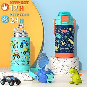 Fimibuke Kids Insulated Water Bottle with Pop-Open Straw & Spout 2-in-1 Lid, 14oz Leak Proof 18/8 Stainless Steel Vacuum Tumbler, BPA-Free Kids Cup For Travel School Boys Girls Toddler 1Pack,Navy Blue