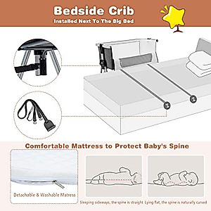 BABY JOY Bedside Bassinet, Portable Baby Crib w/Mattress, Two-Side Breathable Mesh, 7 Height Adjustable, Large Storage, Wheels for Easy Movement, Crib for Newborn Infant, Bassinet for Baby, Dark Grey