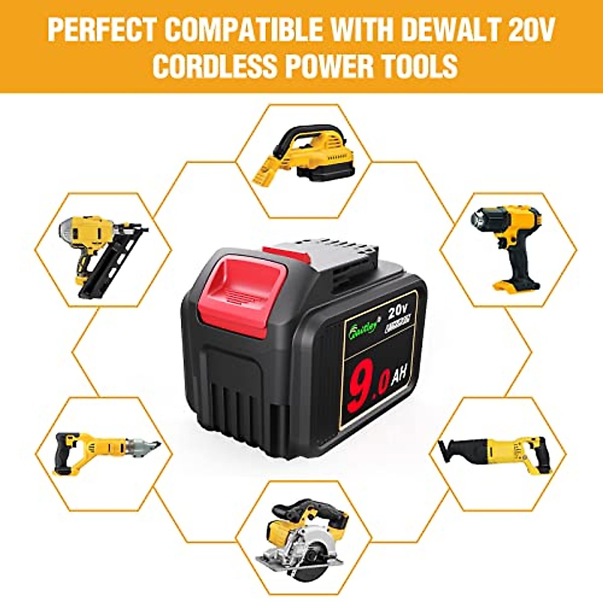 ZLWAWAOL DCB200 20V 9.0Ah Lithium-ion Replacement Battery Compatible with Dewalt 20V DCB200 DCB203 DCB204 DCB206 DCB209 DCD/DCF/DCG/DCS Series Cordless Tools with LED Display