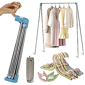 Portable Garment Rack, Folding Clothes Rack, Collapsible Clothing Rack with 10 Mini Foldable Clothes Hangers, Free Installed Lightweight Freestanding Hanger for Indoor Outdoor Travel and Camping