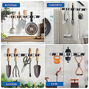 romise Mop Broom Holder Wall Mount, Laundry Broom Holder Organizer Storage Tool Wall Hanging with 5 Racks 4 Hooks, Stainless Steel Heavy Duty Garage Self Adhesive Tool Hanger for Home Garden Kitchen