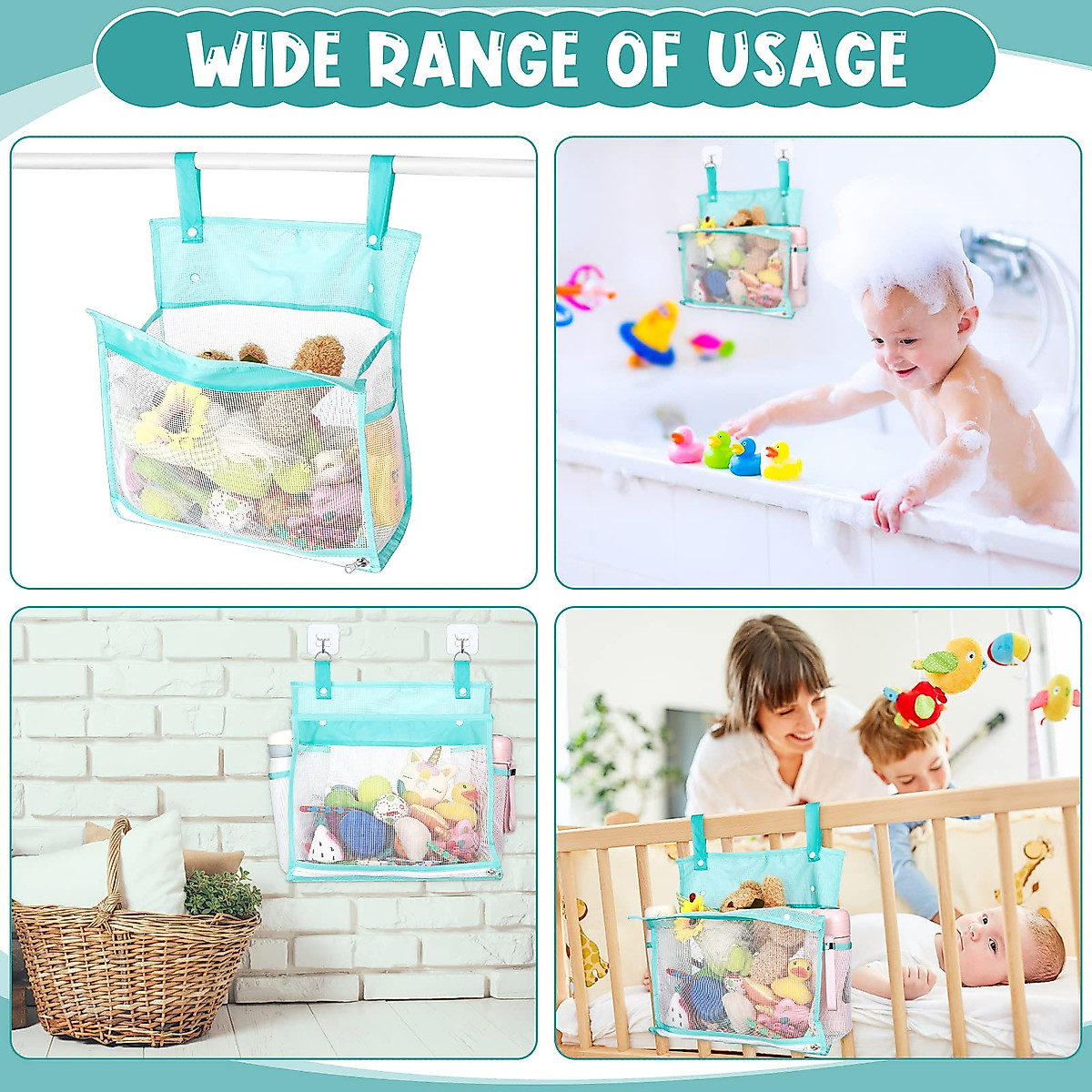 2 Pieces Baby Bathtub Toy Organizer Extra Large Opening Bath Toys Mesh Multiple Ways to Hang Bath Toy Holder Bottom Zipper Storage Bag with 4 Adhesive Hooks (Blue)